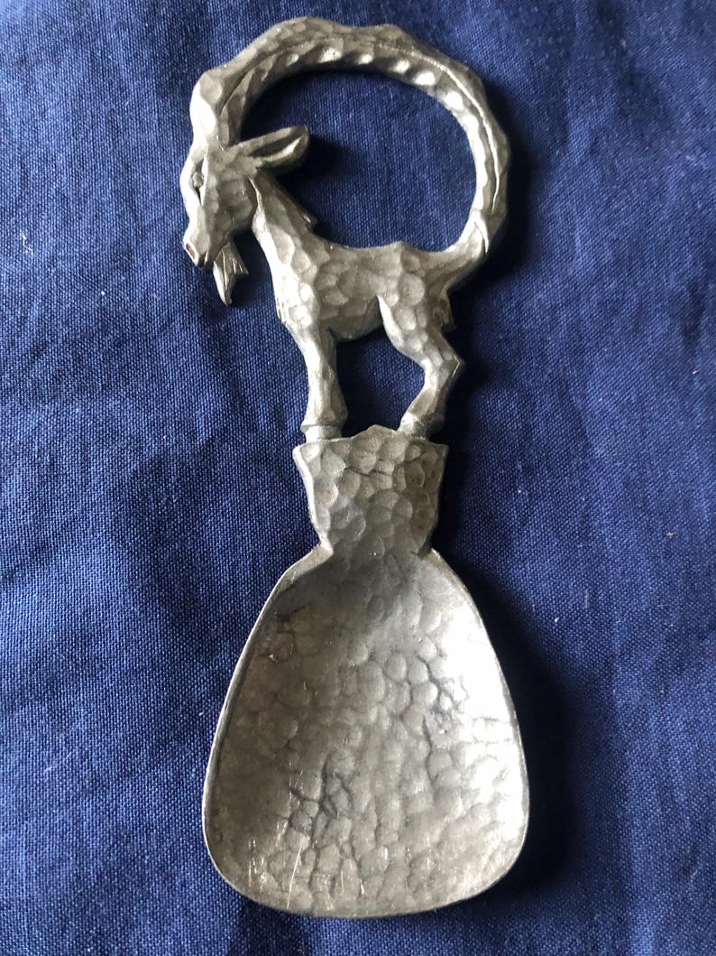 Vintage Pewter Goat Caddy Serving Spoon TINN Norway Hammered Mid ...