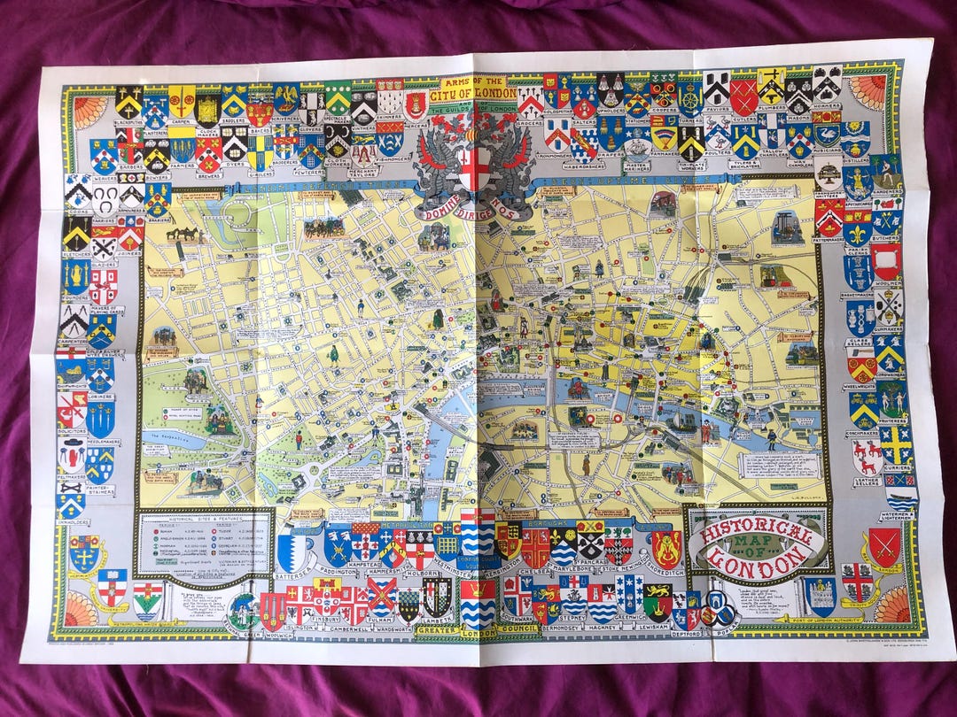 Vintage Bartholomews Historical Map of London on Cloth Full Colour 1969 ...