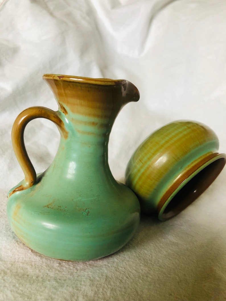 Vinage 1950s Prinknash Abbey Pottery Green and Brown Jug and Bowl ...