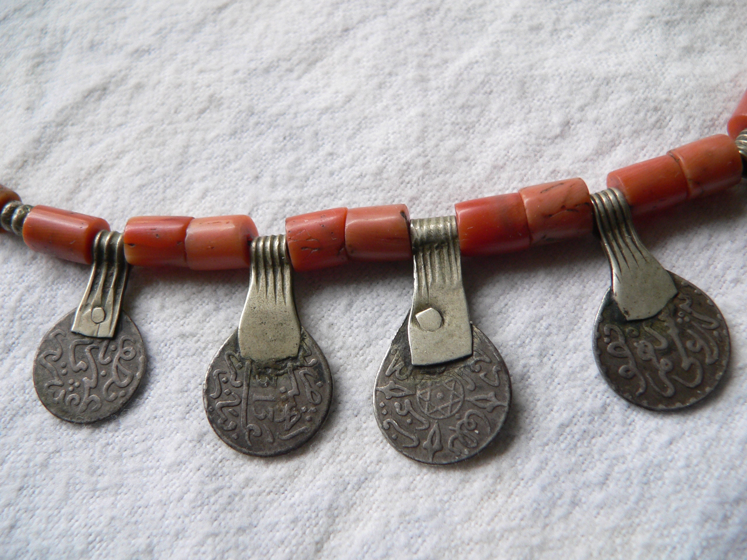 Antique Moroccan Old Silver Berber Coin Necklace With Natural Coral ...