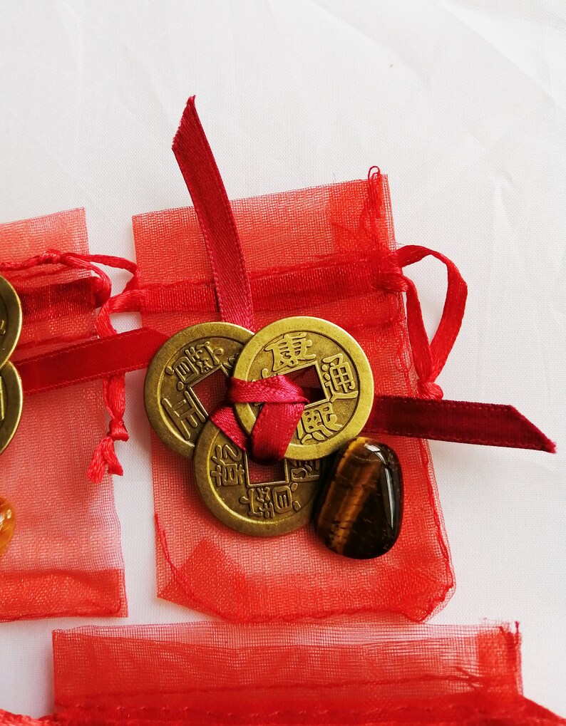 Feng Shui Charm 3 Chinese Coins Red Ribbon & Crystal X1 - Etsy