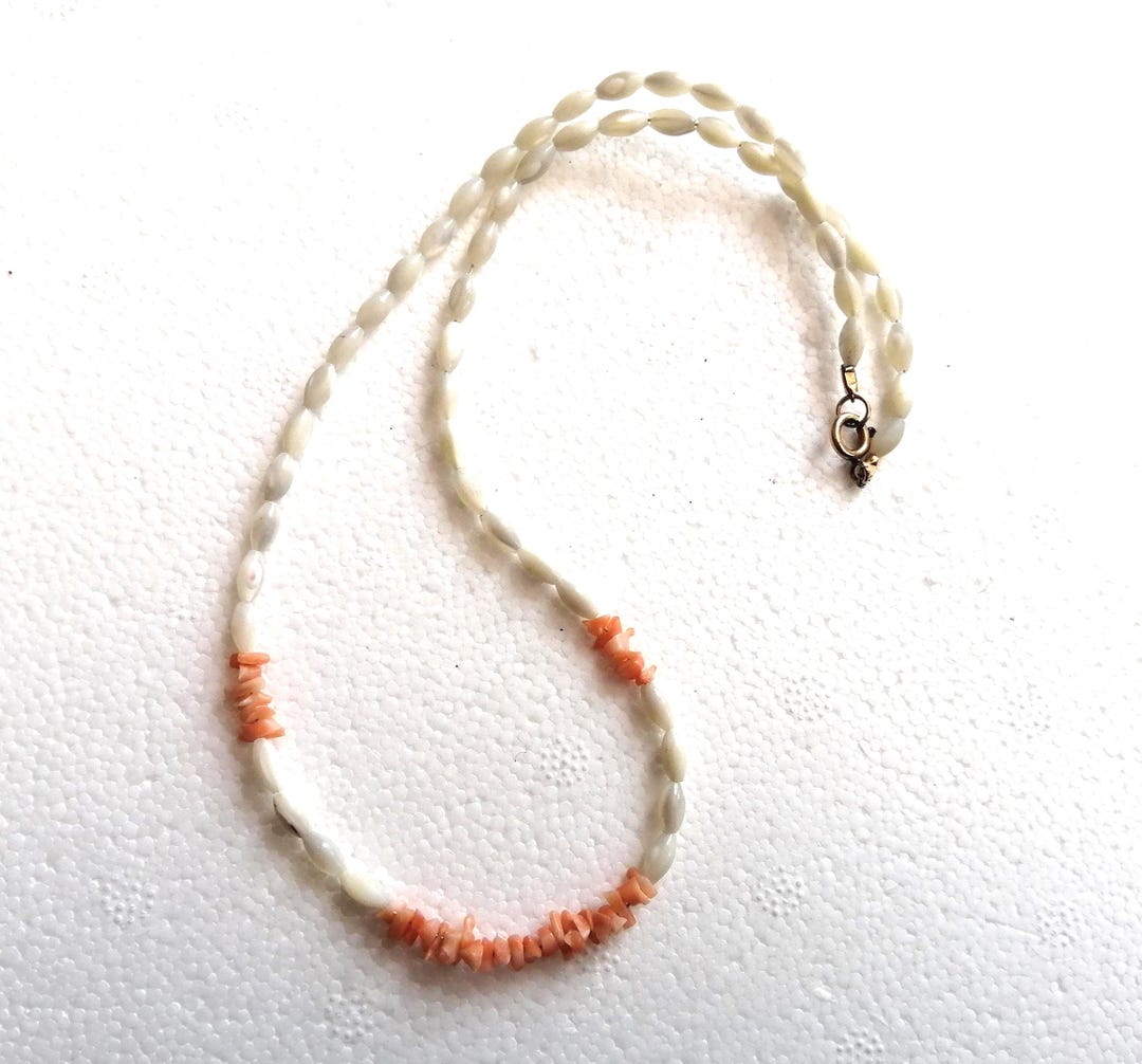 Mother of Pearl and Angel Skin Coral Beaded Necklace With 14k Gold ...