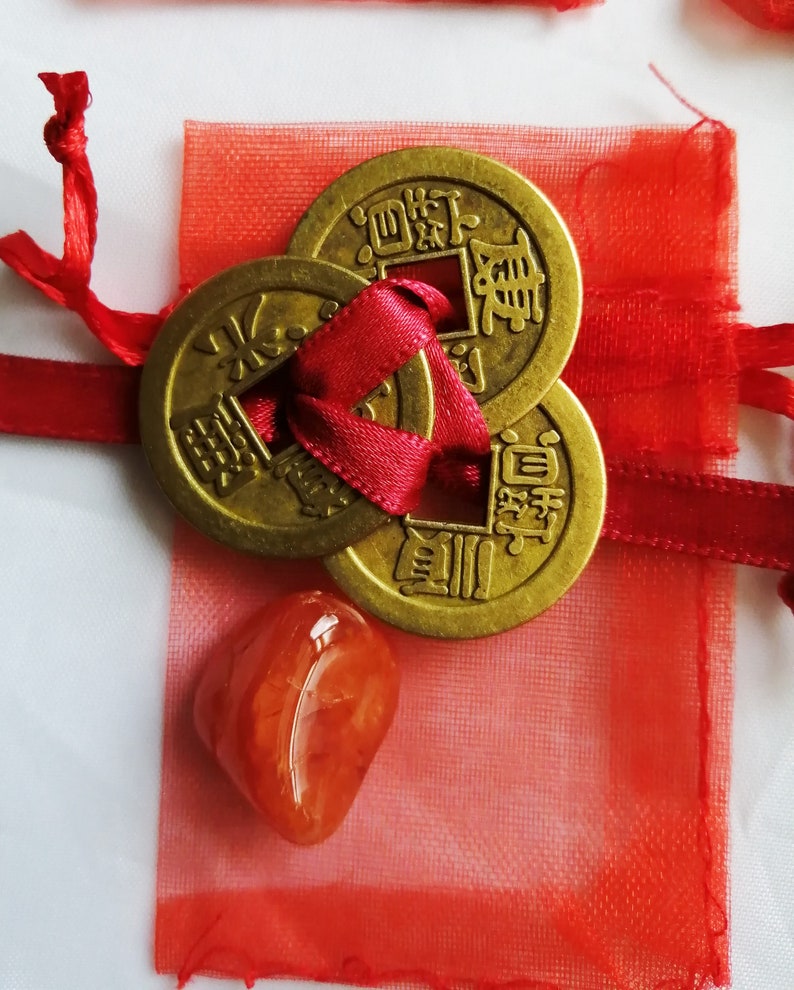 Feng Shui Charm 3 Chinese Coins Red Ribbon & Crystal X1 - Etsy