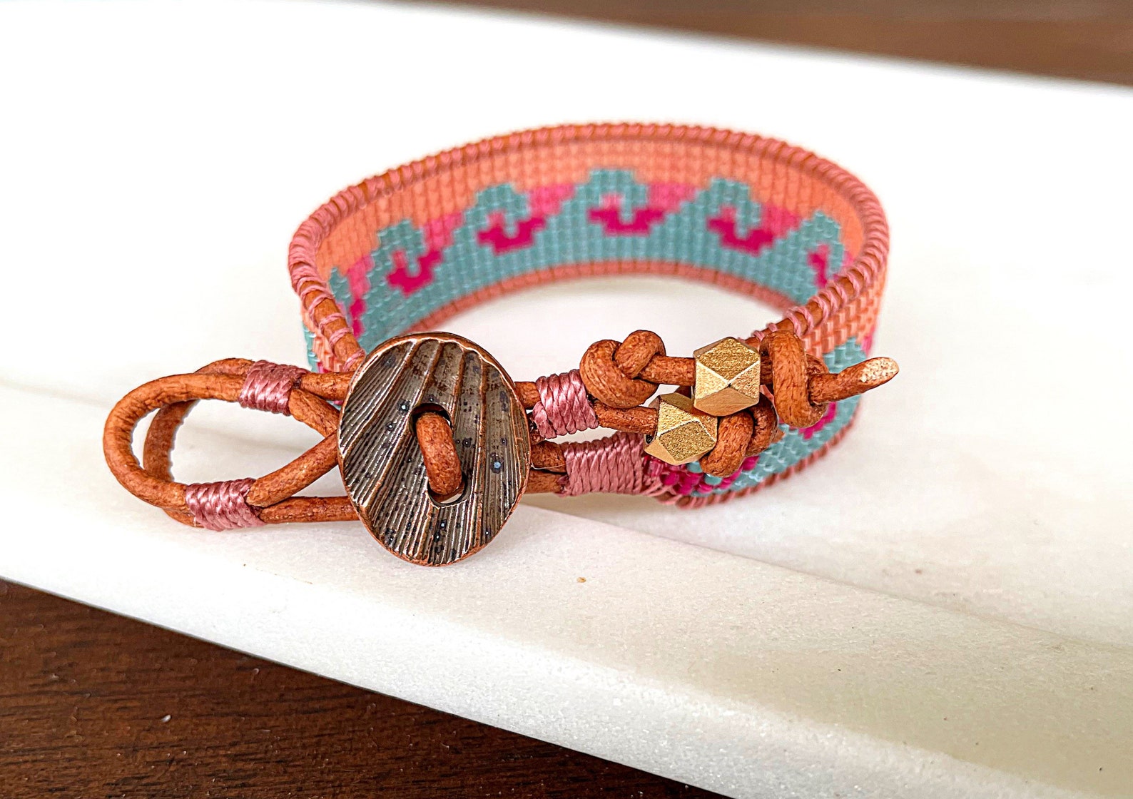 Bead Loom Woven Sunset Wave Bracelet With Leather Trim - Etsy