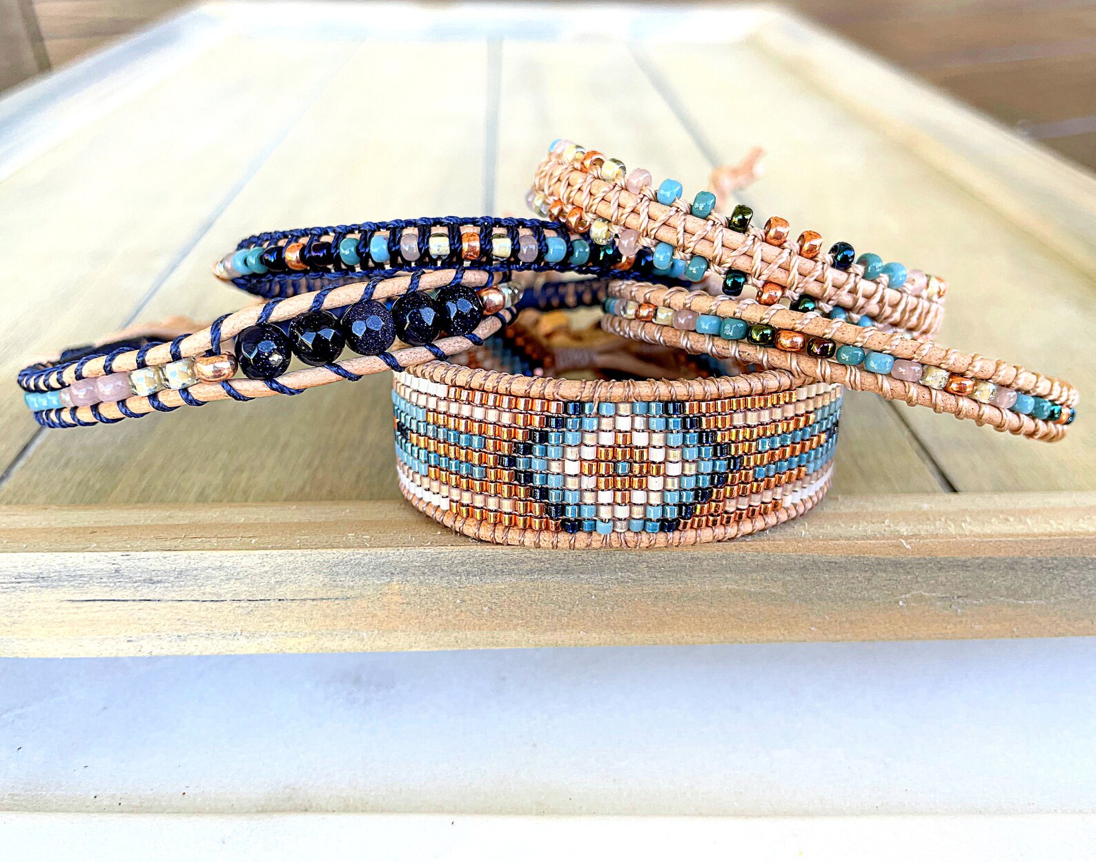 Tan, Blue and Rose Gold Western Diamond Loom and Macrame Bracelet Stack ...