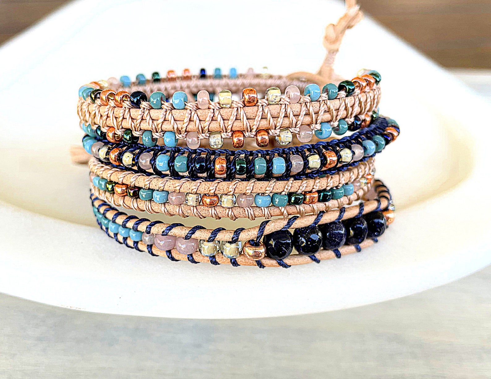 Tan, Blue and Rose Gold Western Diamond Loom and Macrame Bracelet Stack ...