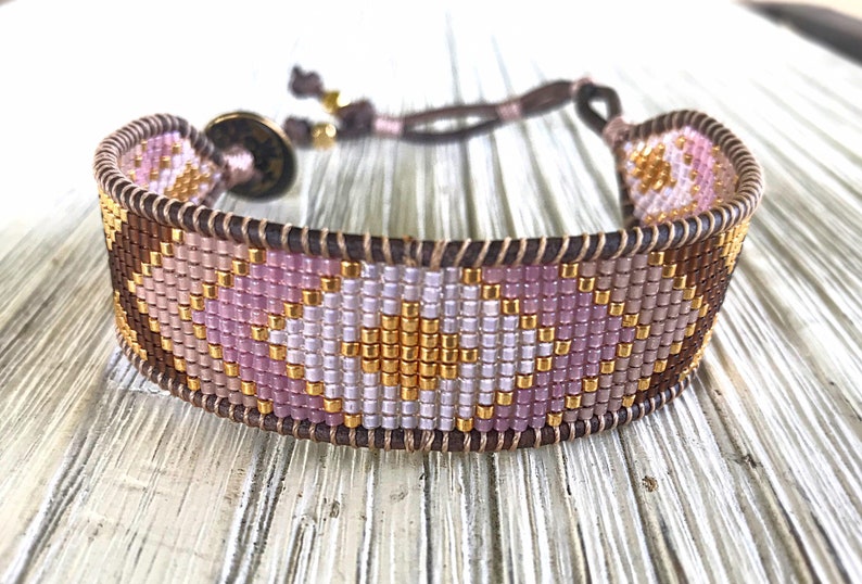Lilac and Tan Bead Chevron Loom Woven Cuff Bracelet beaded | Etsy