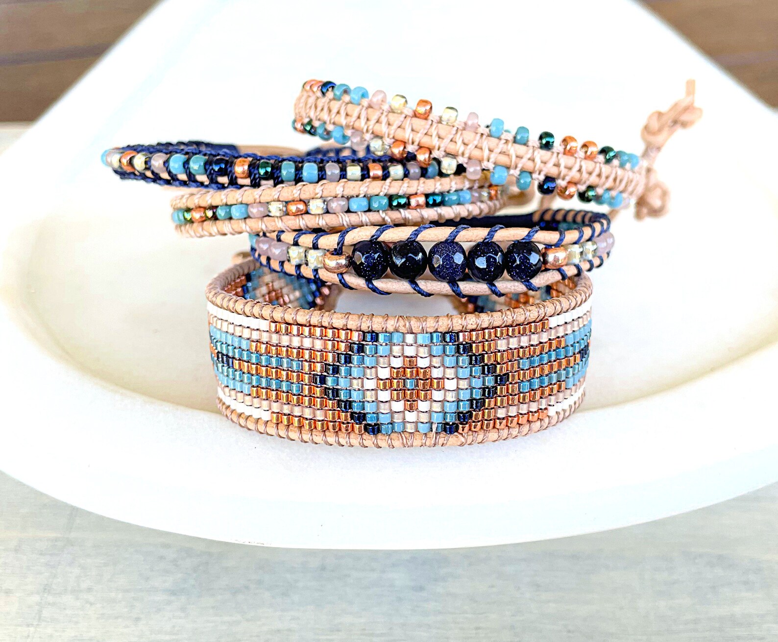 Tan, Blue and Rose Gold Western Diamond Loom and Macrame Bracelet Stack ...