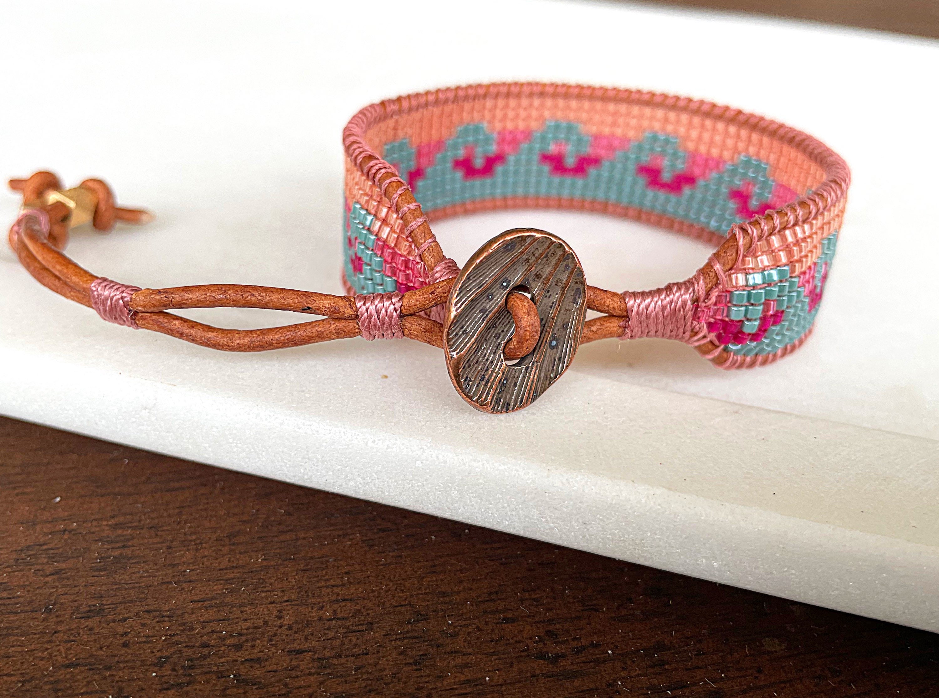 Bead Loom Woven Sunset Wave Bracelet With Leather Trim - Etsy