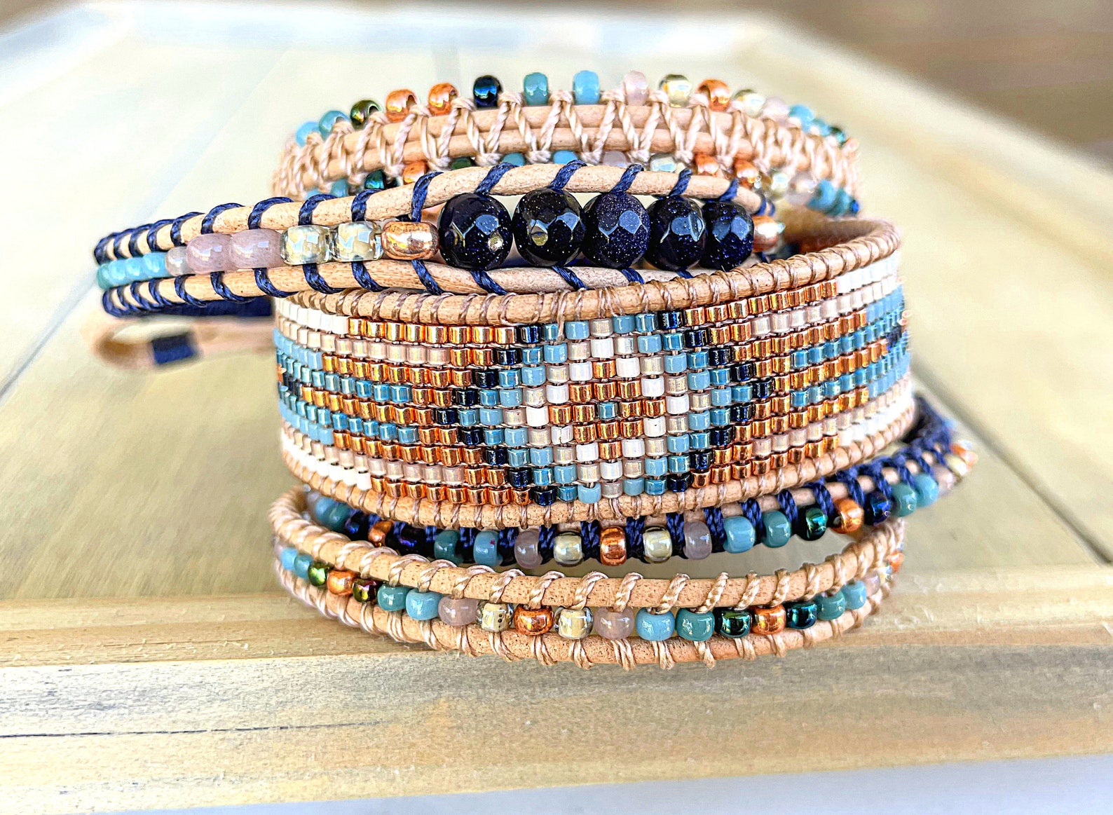 Tan, Blue and Rose Gold Western Diamond Loom and Macrame Bracelet Stack ...