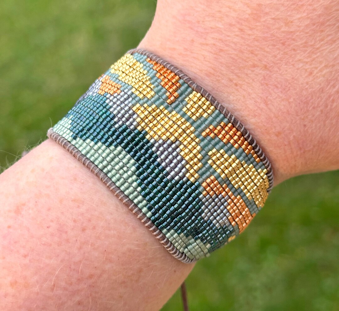 Mountain Sunshine Bead Loom Woven Adjustable Bracelet With Leather Trim ...