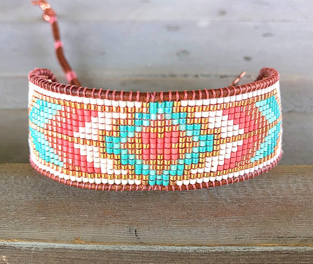 Turqouoise and Coral Bohemian Boho Loom Woven Southwestern Beaded ...