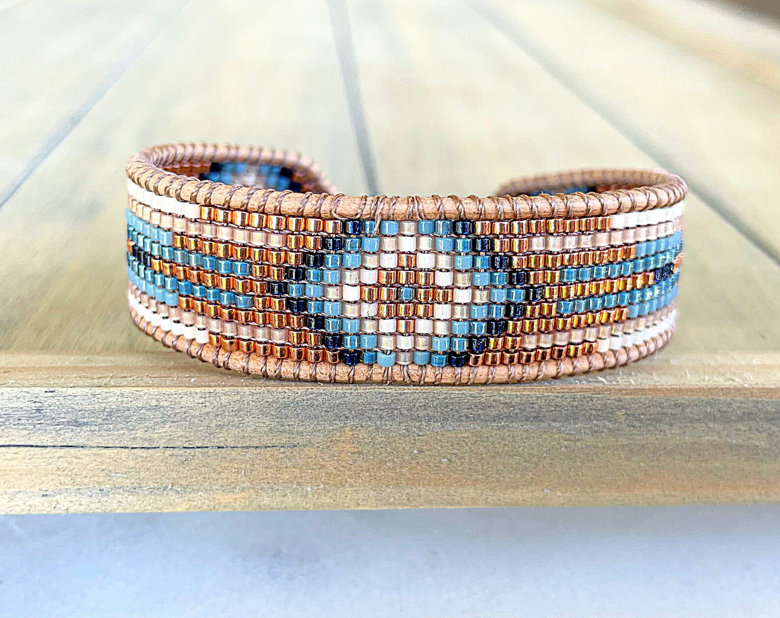 Tan, Blue and Rose Gold Western Diamond Loom and Macrame Bracelet Stack ...