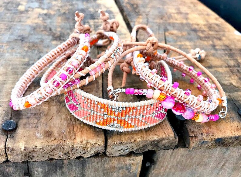 Hot Pink and Orange Loom and Macrame Bracelet stack set | Etsy