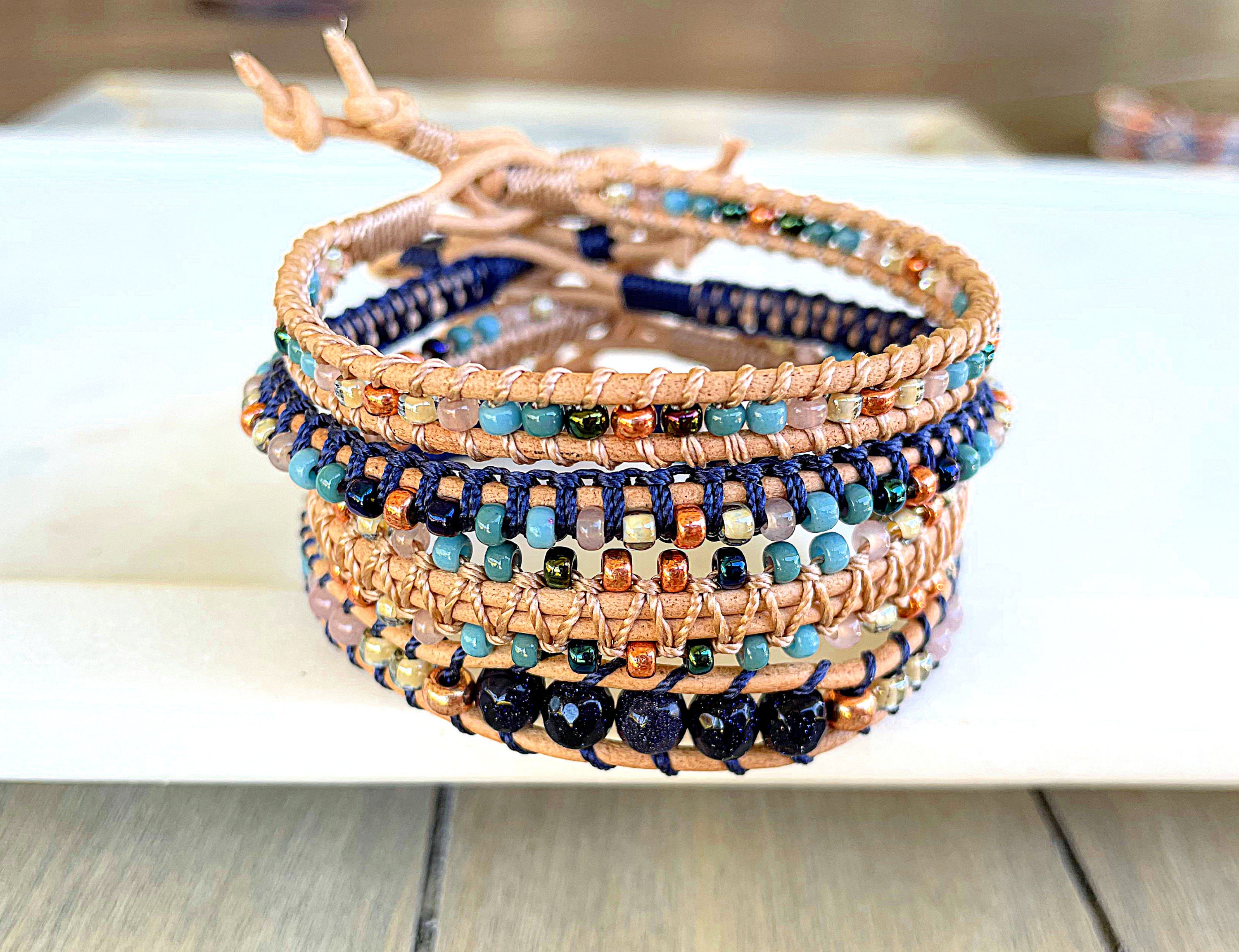 Tan, Blue and Rose Gold Western Diamond Loom and Macrame Bracelet Stack ...