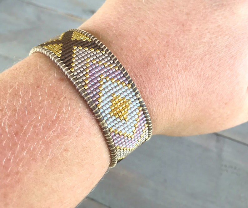 Lilac and Tan Bead Chevron Loom Woven Cuff Bracelet beaded | Etsy