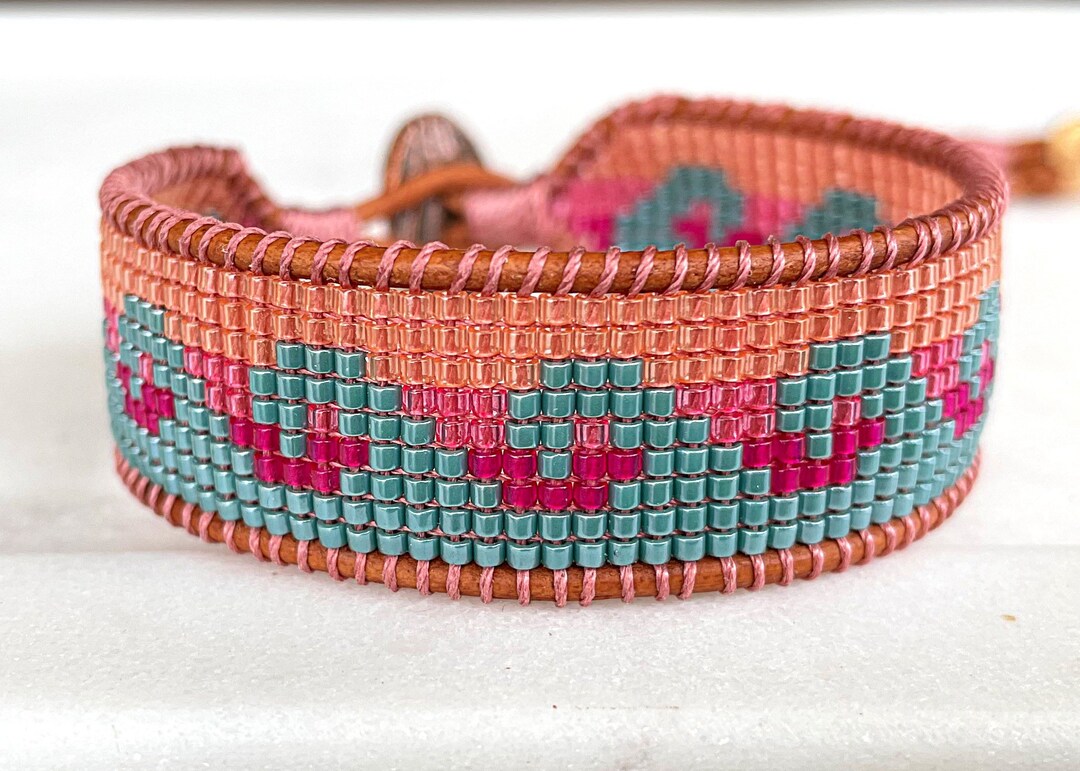 Bead Loom Woven Sunset Wave Bracelet With Leather Trim - Etsy