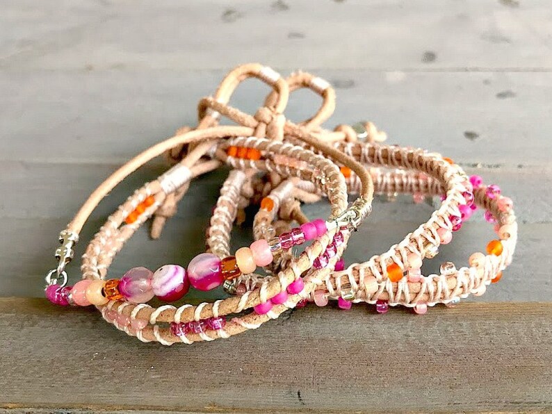 Hot Pink and Orange Loom and Macrame Bracelet stack set | Etsy