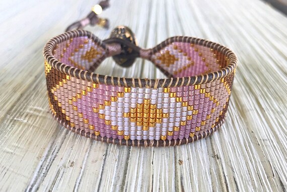 Lilac and Tan Bead Chevron Loom Woven Cuff Bracelet beaded | Etsy