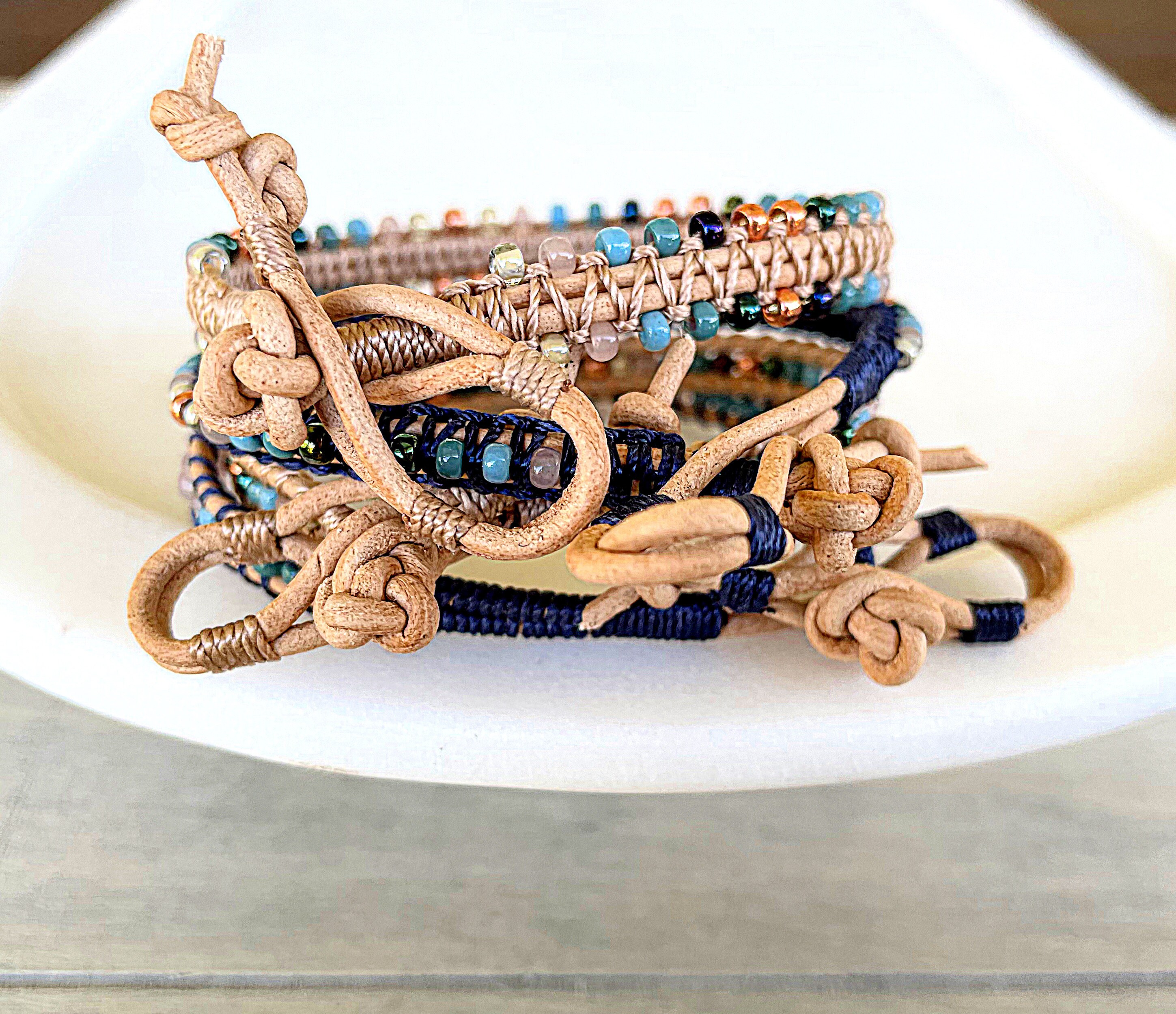 Tan, Blue and Rose Gold Western Diamond Loom and Macrame Bracelet Stack ...
