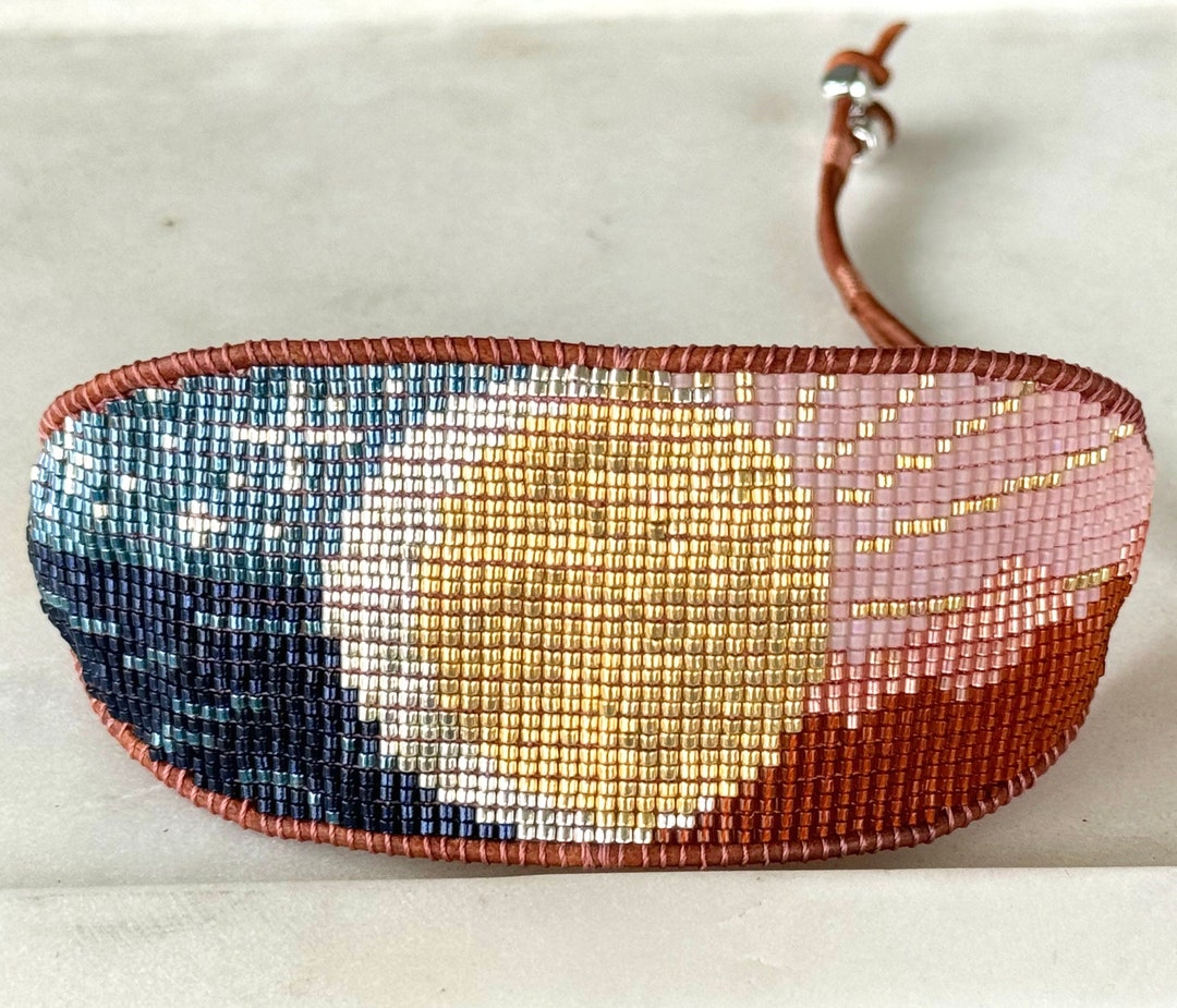 Sun and Moon Bead Loom Woven Leather Trimmed Cuff Bracelet - Etsy