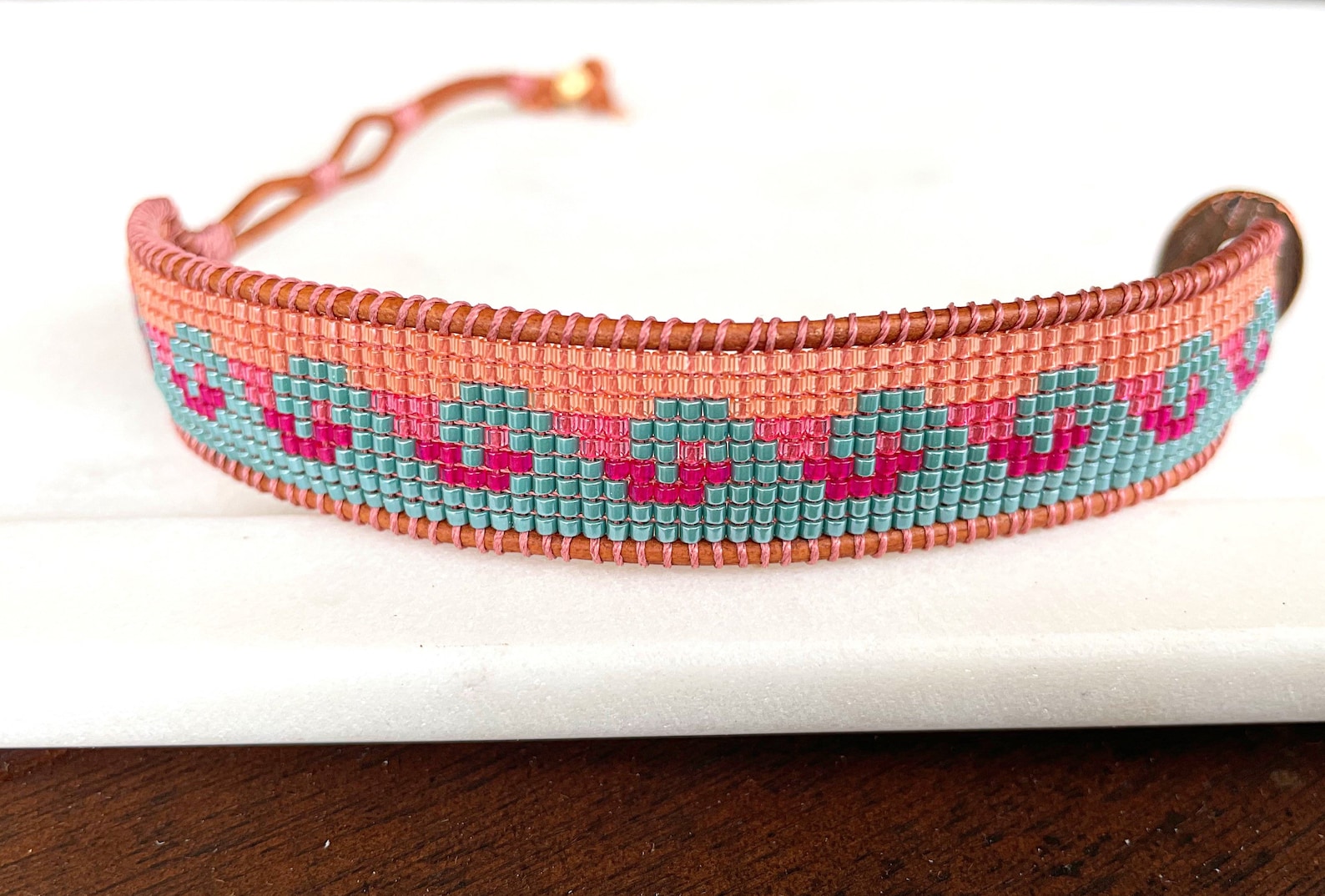 Bead Loom Woven Sunset Wave Bracelet With Leather Trim - Etsy