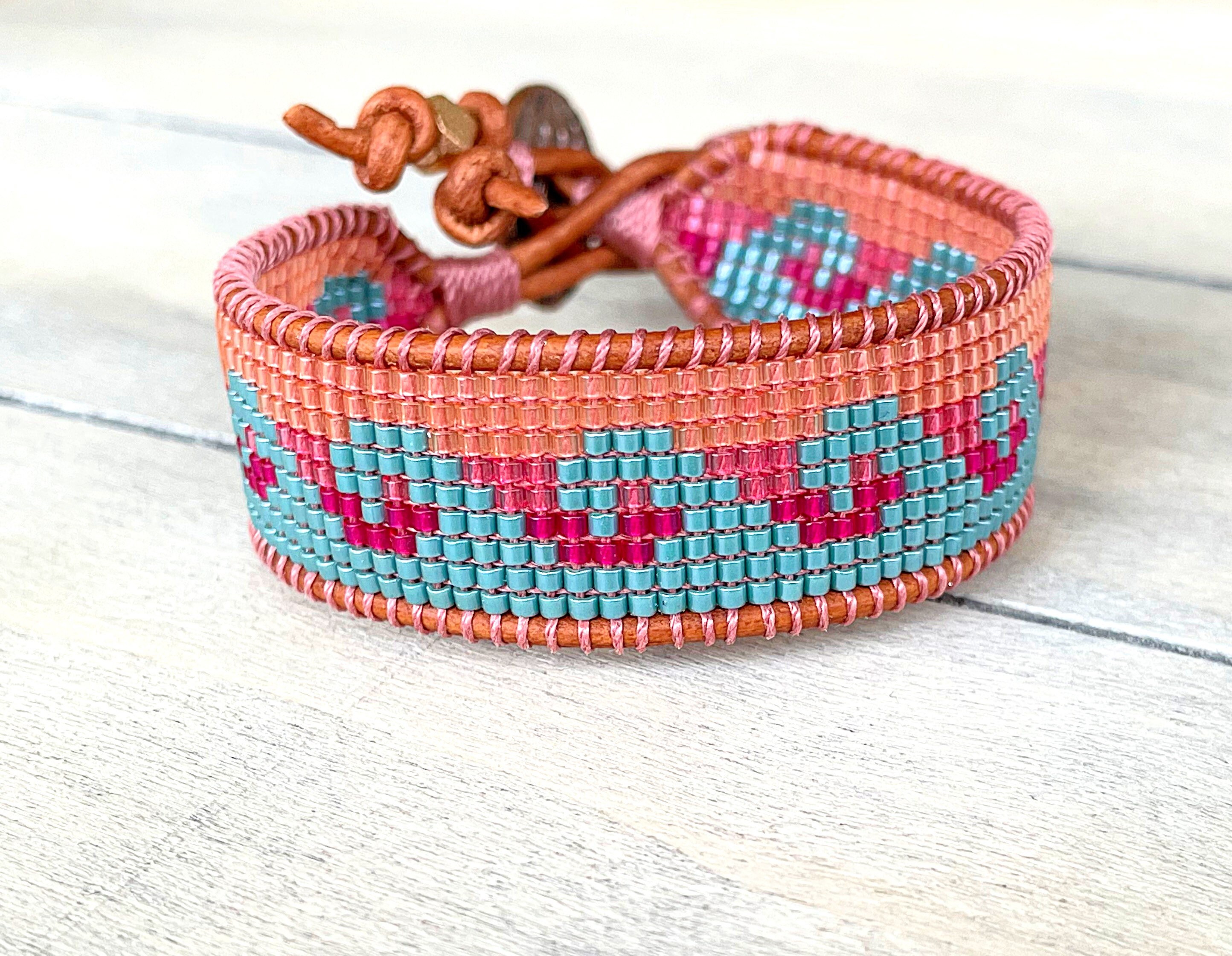 Bead Loom Woven Sunset Wave Bracelet With Leather Trim - Etsy