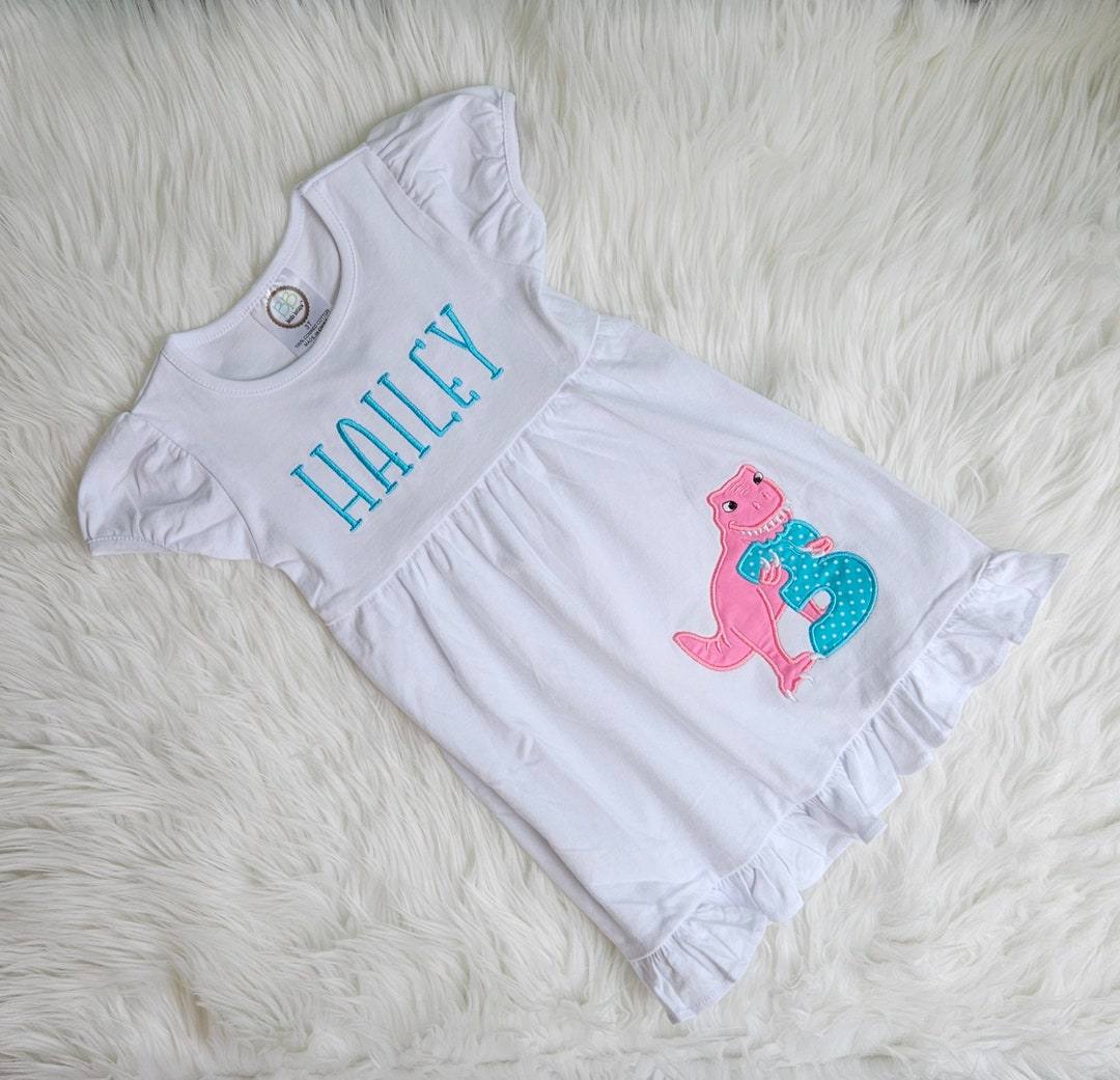 Girls Dinosaur Birthday Dress, Embroidered T Rex Dress, Dinosaur ...