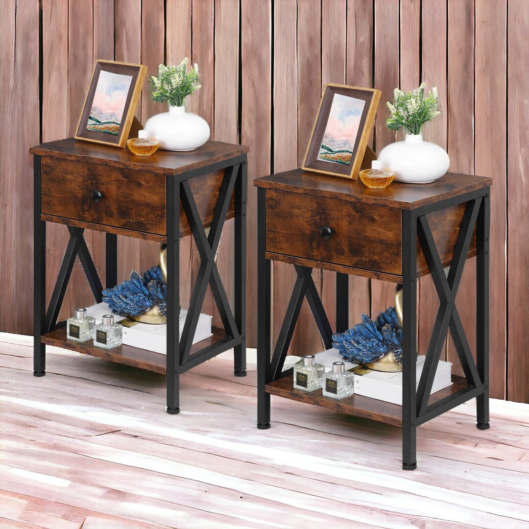 Set of 2 End Tables X-design Metal Frame Sofa Side Tables for Bedroom ...