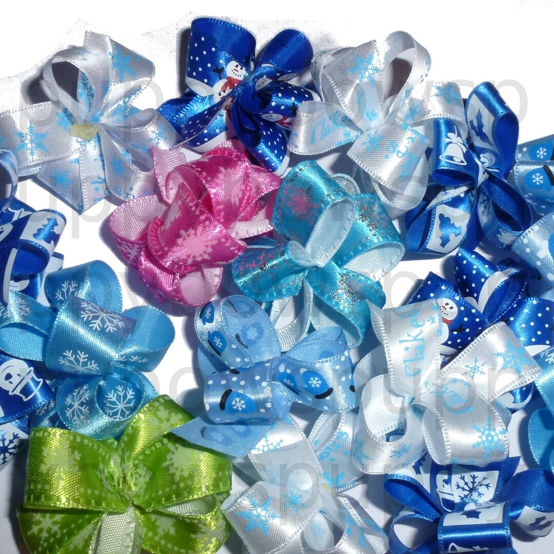 Puppy Bows Party Puffs WINTER SNOW BOWS Blue Snowflakes Snowmen Dog ...