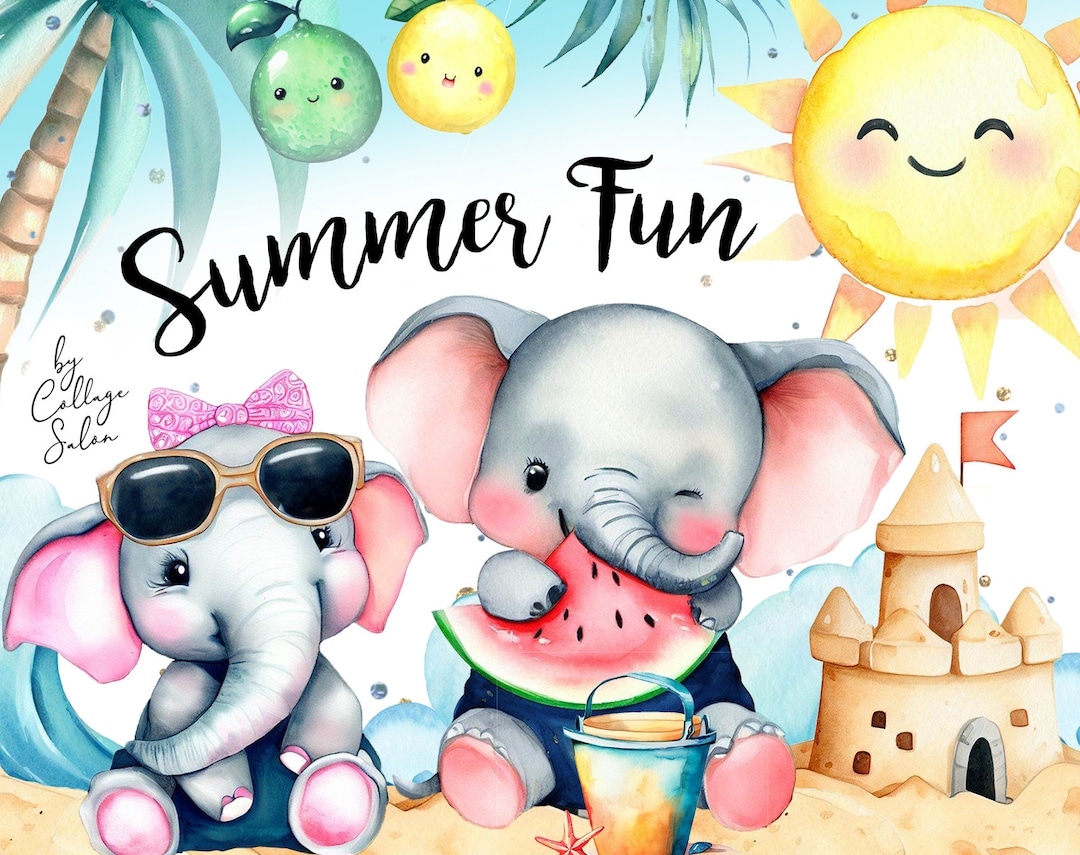 Summer Clipart, Cute Elephants Illustrations, Fairy Tale, Printable ...