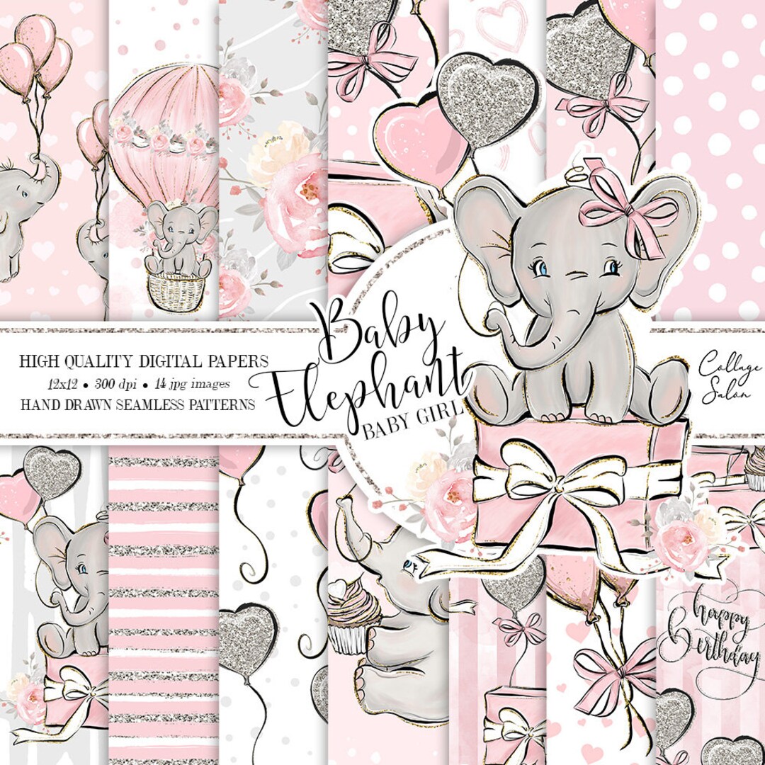 Baby Girl Elephant Patterns, Elephant Papers, Planner Stickers ...