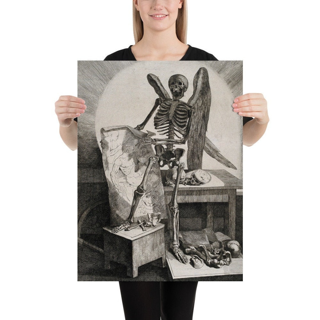 A Winged Skeleton Holding a Drawing of a Seated Model Anatomy; Jacques ...