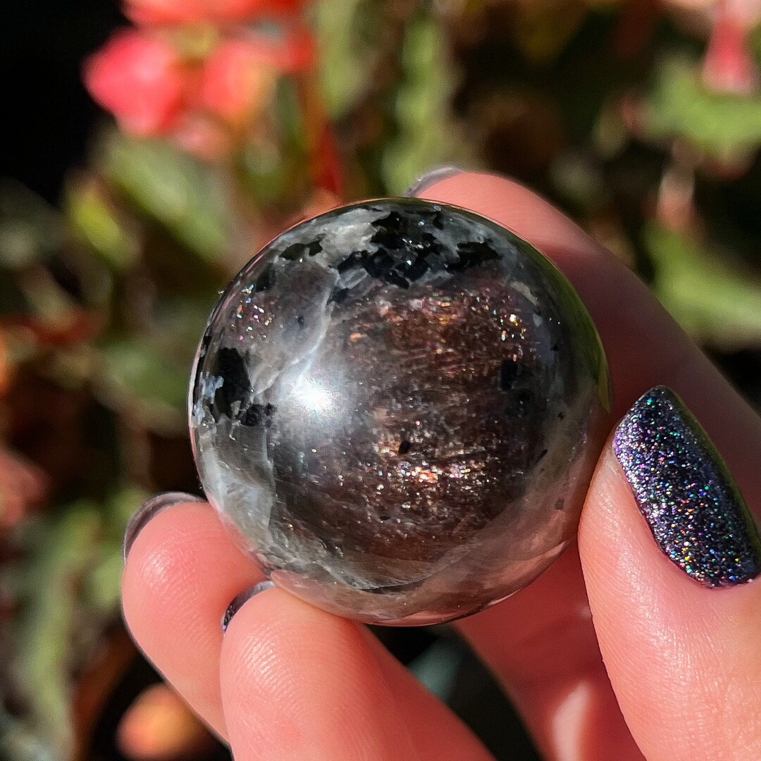 Arusha Confetti Sunstone Sphere, Silver Rainbow Moonstone, Black ...