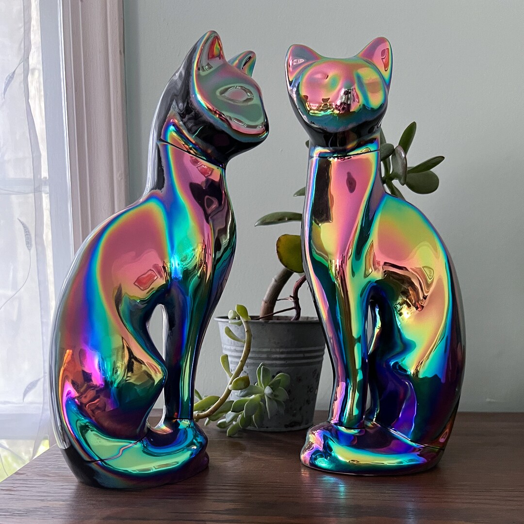 11 High Rainbow Aura Ceramic Cat Statue Set of 2 in Black - Etsy