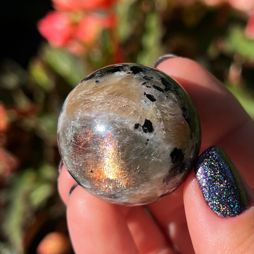 Arusha Confetti Sunstone Sphere, Silver Rainbow Moonstone, Black ...