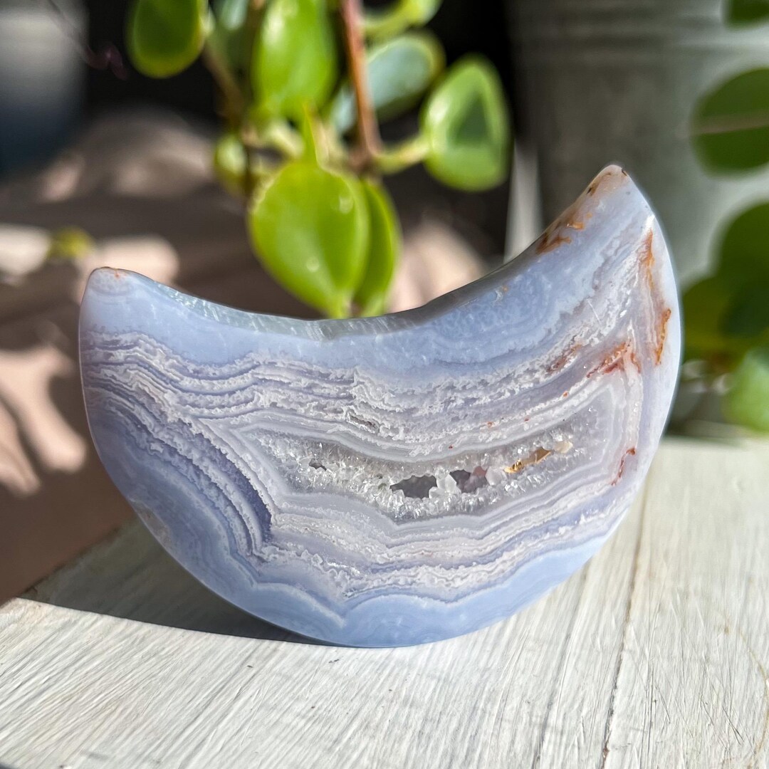 Druzy Blue Lace Agate Moon, Crystals for Calming Anxiety, Banded Light ...