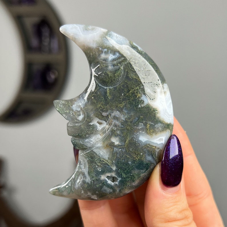 Large Moss Agate Moon With Face - Etsy