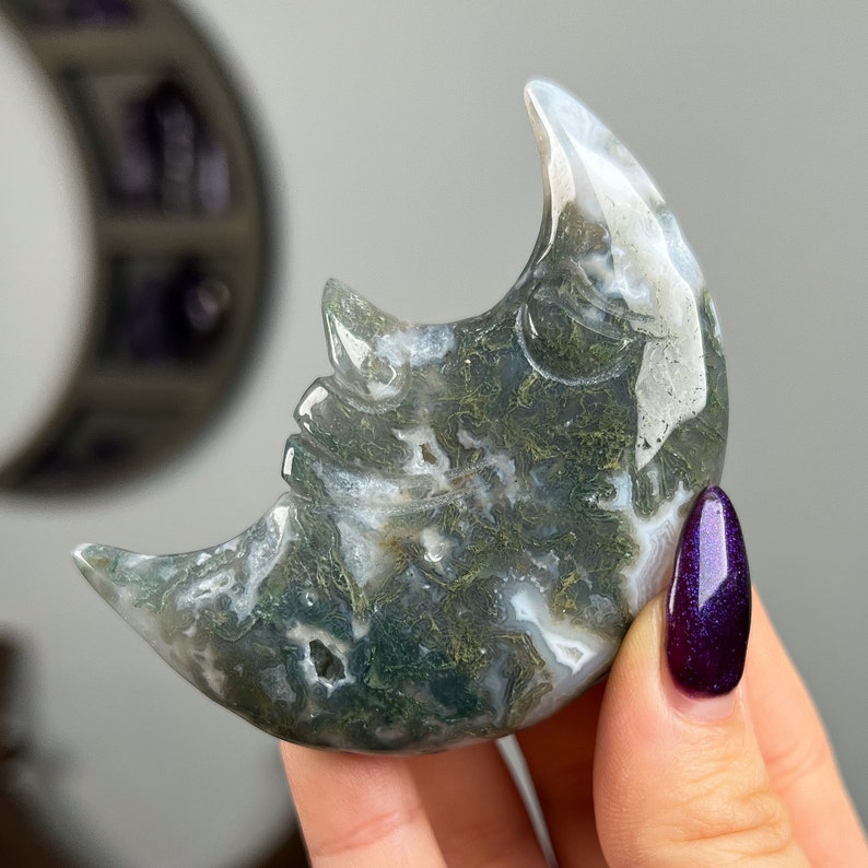 Large Moss Agate Moon With Face - Etsy