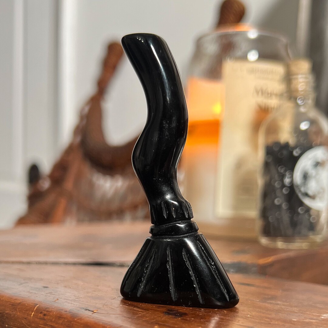 Halloween Spooky Decor, Witch Figurine, Crystal Black Obsidian Broom ...