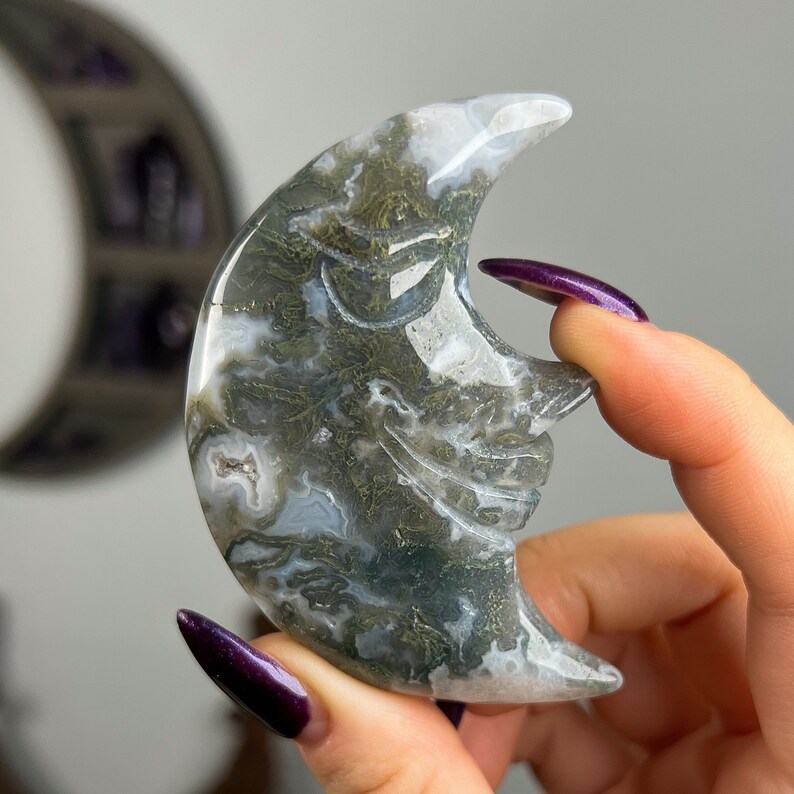 Large Moss Agate Moon With Face - Etsy
