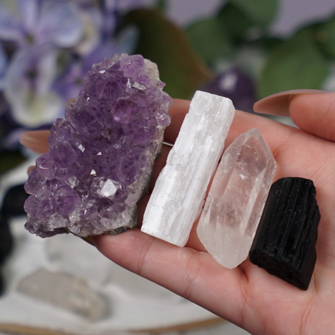 Protection Crystal Set: Selenite, Quartz, Black Tourmaline, Amethyst - Etsy