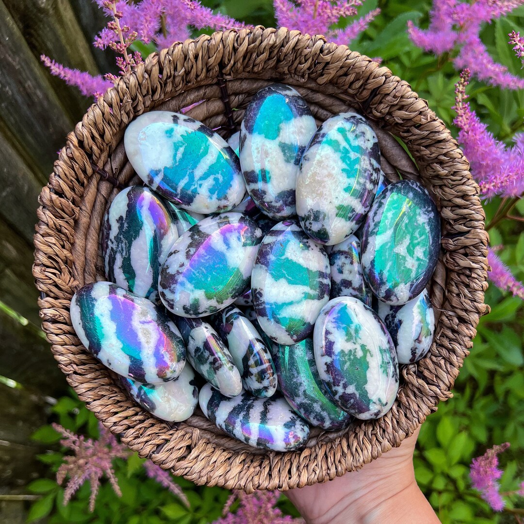 Rainbow Aura Zebra Jasper Palm Stone, Angel Aura Crystal, White Black ...