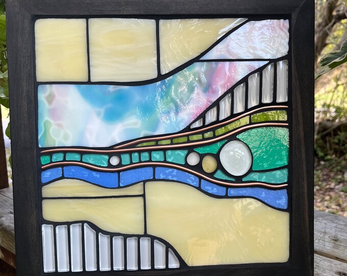 Stained Glass and Glass Tile Mosaic With Copper Wire in a Wood Frame ...