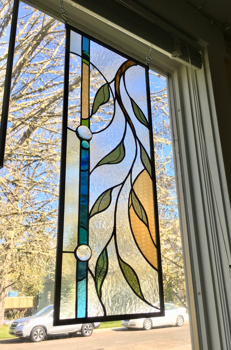 Stained glass window with vine varied blue and green border | Etsy