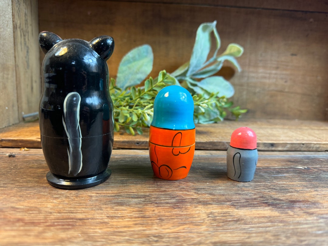 Vintage Matryoshka Cat Family Nesting Dolls 3 Pcs Russian Hand Painted ...