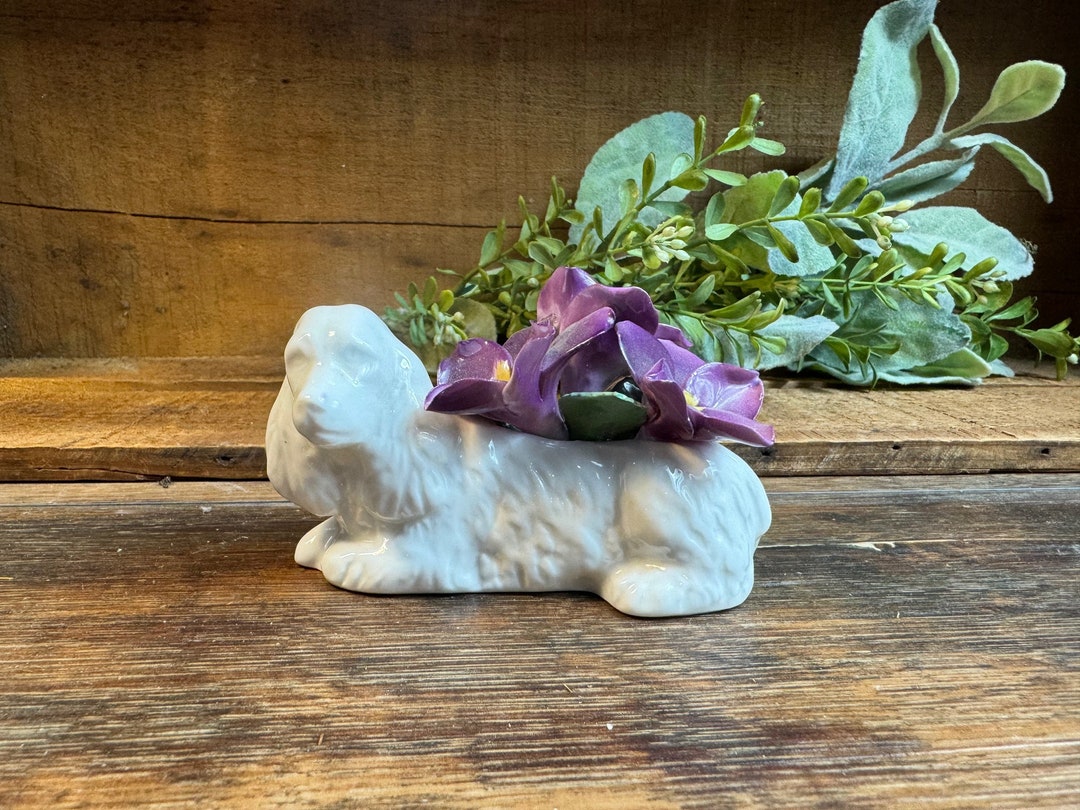 Crown Staffordshire White Recumbent Dog With 3D Pansy Flowers Figurine ...