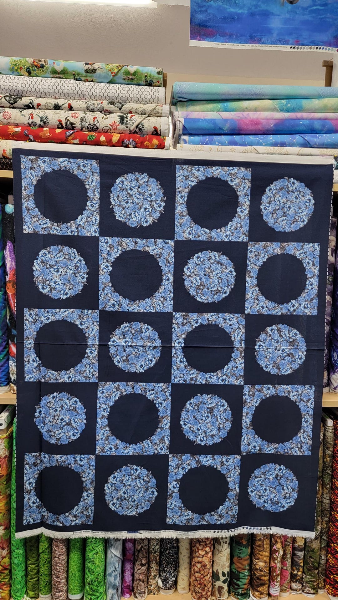 Dots and Holes - Blue Roses Flowers - Circles 1yd Panel - Spring Colors ...