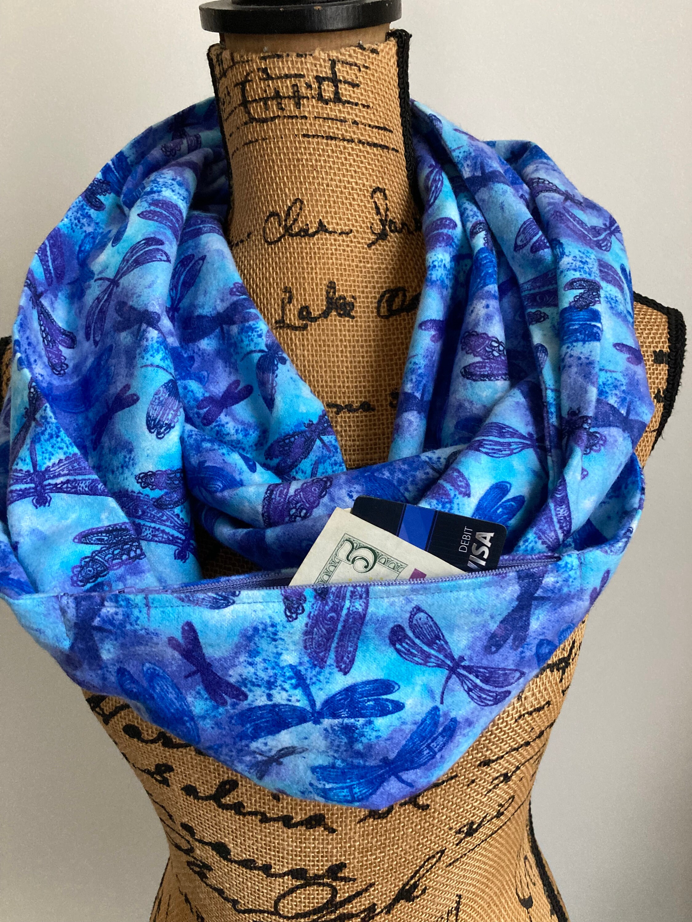 Infinity Pocket Scarf, Dragonflies, Flannel Scarf, Men's Women's, Travel Scarf, Secret Pocket - Etsy