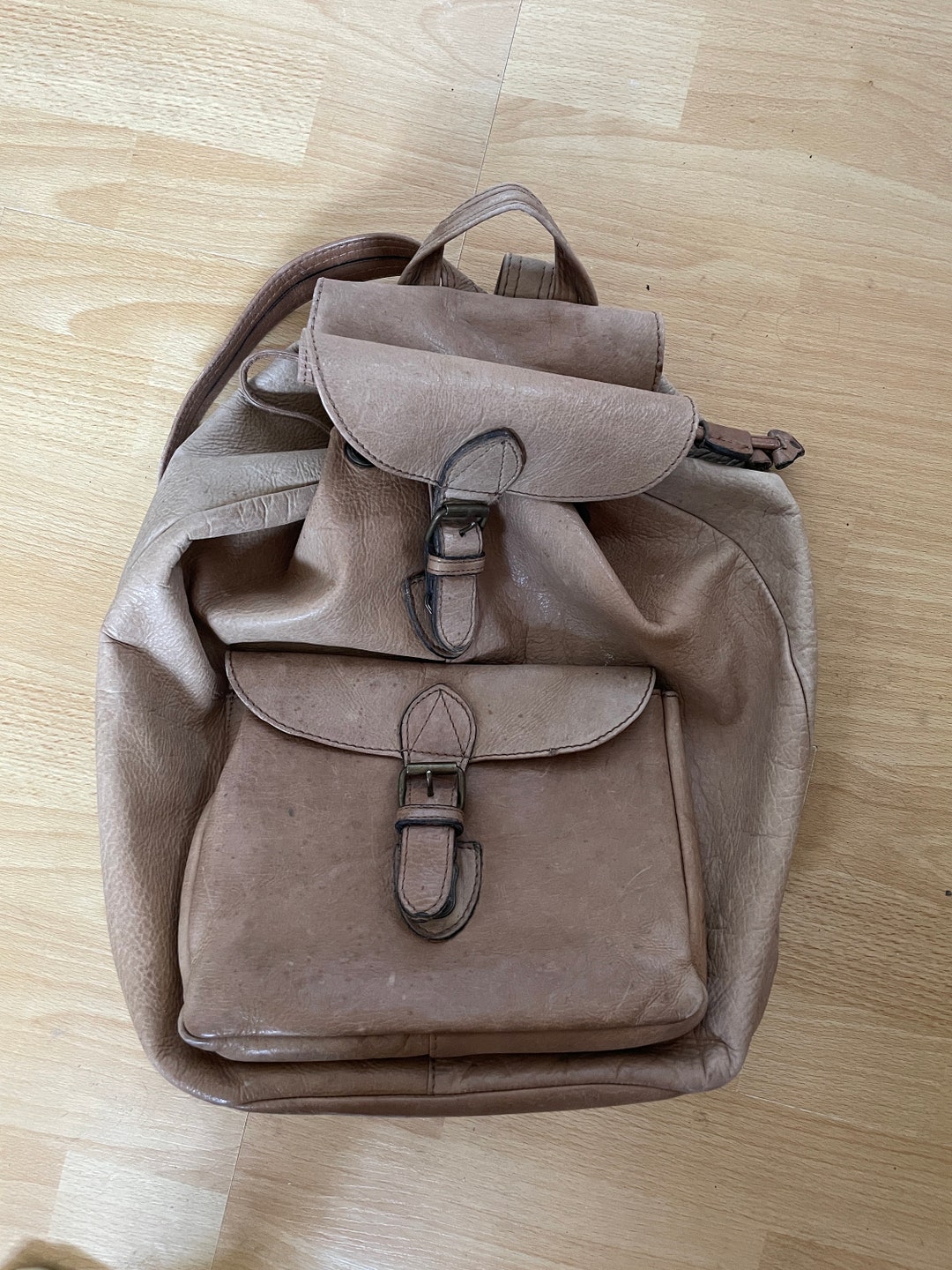 100% Leather Full Size Large Backpack Beige Tan Colored Soft ...